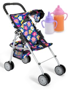 fash n kolor® - doll stroller my first baby doll strollers toy - flower design with basket in the bottom- doll accessories 2 free magic bottles included - new year gift, boys, girls