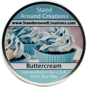 premium 100% all natural soy wax aromatherapy candle - 8oz tin - scent: buttercream - a rich blend of fresh churned butter, sugar, and creamy vanilla bean.