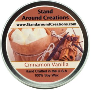 premium 100% soy candle - 8oz tin - scent: cinnamon vanilla - the scent of spicy cinnamon w/sweet vanilla.