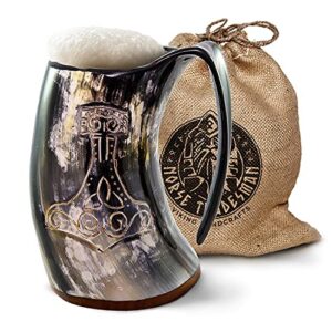 norse tradesman xl viking drinking horn mug - 100% authentic beer horn tankard with thor's hammer engraving | the mjolnir, high polish, approx. 30 oz