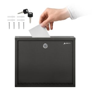 adir metal suggestion box with lock and slot, wall mount deposit box for payments and checks, office mail box for employees, mailbox for house, safe drop box with keys - 3x10x12 inch black