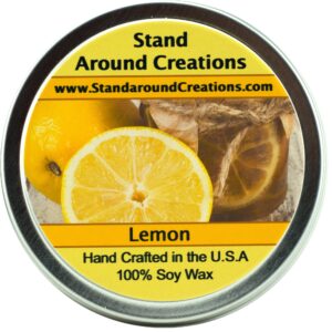 premium 100% all natural soy wax aromatherapy candle - 8 oz tin- lemon - true citrus made with lemon essential oil.