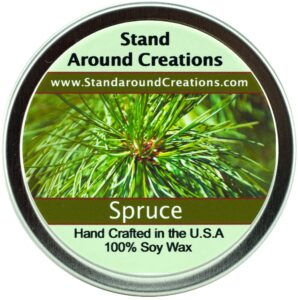 premium 100% all natural soy candle - 8 oz tin spruce - capture the spirit of the holidays w/this strong, true, and enchanting scent. contains natural cedarwood and pine essential oils.