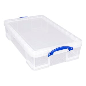 really useful box 33 liter plastic stackable storage container with snap lid & built-in clip lock handles for home or office organization, clear