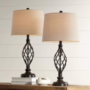 franklin iron works annie traditional rustic farmhouse table lamps 28" tall full size set of 2 bronze iron scroll tapered cream drum shade for living room bedroom house bedside nightstand home