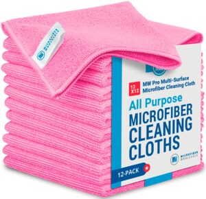 12" x 12" mw pro multi-surface microfiber cleaning cloths | pink - 12 pack | premium microfiber towels for cleaning glass, kitchens, bathrooms, automotive, supplies & products