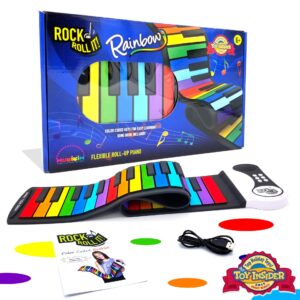 mukikim rock and roll it - the original rainbow piano. roll up flexible piano keyboard for kids / beginners. portable 49 keys silicone piano pad. play-by-color songbook included!