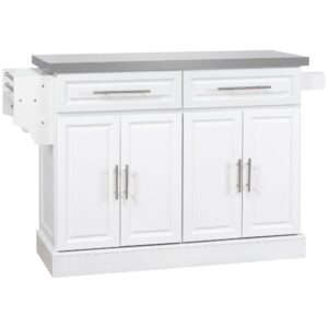 homcom rolling kitchen island with storage, portable kitchen cart with stainless steel top, 2 drawers, spice, knife and towel rack and cabinets, white