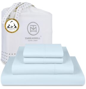 threadmill egyptian cotton full size sheet set | 100% certified egyptian cotton sheets for full size bed | full bed sheets set 16" deep pocket | soft sateen 4-piece cooling bedding set | light blue