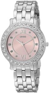 guess stainless steel + pink crystal bracelet watch. color: silver-tone (model: u1062l2)