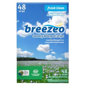 breezeo laundry detergent strips (48 strips) - fresh linen scent - more convenient than pods, pacs, liquids or powders – great for home, dorm, travel, camping & hand-washing