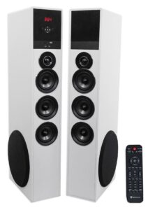 rockville tm150w powered home theater tower speaker system, white, 1000w, 10" subwoofers, bluetooth, usb/sd playback, fm radio, remote control, karaoke ready, perfect for home entertainment