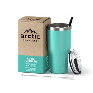 arctic tumblers | 30 oz matte turquoise insulated tumbler with straw & cleaner - retains temperature up to 24hrs - non-spill splash proof lid