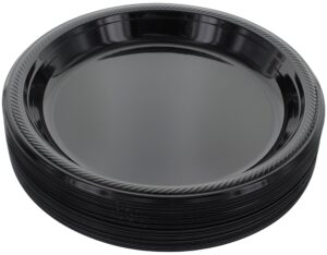 amcrate disposable plastic plates black, 10.4 inches plastic dinner plates, strong and sturdy disposable plates for party, dinner, holiday, picnic, or travel party plates, pack of 50