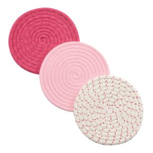 kitchen potholders set trivets set 100% pure cotton thread weave hot pot holders set (set of 3) stylish coasters, hot pads, hot mats, spoon rest for cooking and baking by diameter 7 inches (pink)