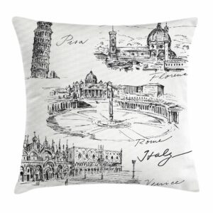 ambesonne sketchy throw pillow cushion cover, travel the world themed historical italian landmarks venice rome florence pisa, decorative square accent pillow case, 18" x 18", black white