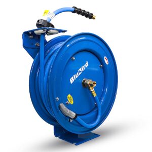 blubird bbr1265 18ga. retractable hose reel with 1/2" x 65' air hose, 12 point ratcheting gear, next-gen rubber, lightest, strongest, most flexible, 300 psi, 50f to 190f degrees, polyester braided