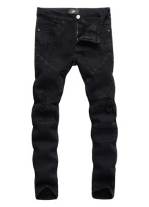 zlz black ripped biker jeans for men slim fit, men's comfy stretch distressed biker jeans pants rock, designer jeans, size 36