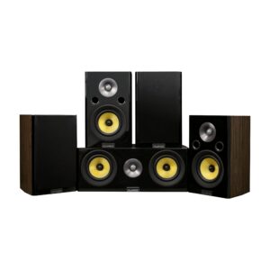 fluance signature hifi compact surround sound home theater 5.0 channel speaker system including 2-way bookshelf, center channel channel and rear surround speakers - natural walnut (hf50wc)