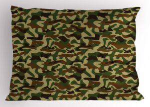 ambesonne camouflage pillow sham, squad uniform design with vivid color scheme hunting camouflage pattern, decorative standard queen size printed pillowcase, 30" x 20", green brown