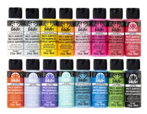 folkart 16 piece multi surface acrylic craft paint set formulated to be non-toxic that is perfect for beginners and artists, bright colors count, 2 fl oz (pack of 16)