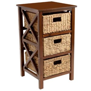 ehemco 3 tier x-side end storage cabinet with 3 wicker baskets, walnut