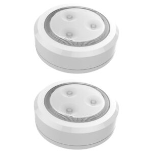 brilliant evolution ultra thin wireless led touch lights stick on - battery operated under cabinet lighting - round puck lights for closet, countertop - stick on push lights for home decor - pack of 2