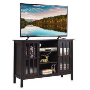 tangkula tv stand, modern tall entertainment center for tvs up to 50", media console w/2 storage cabinets & 3 open shelves, wire hole, wood tv console table for living room, brown