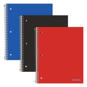 oxford spiral notebooks, 1-subject, wide ruled paper, durable plastic cover, 100 sheets, divider pocket, 3 per pack (10389)