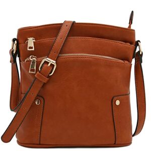 fashionpuzzle triple zip pocket medium crossbody bag (dark tan)