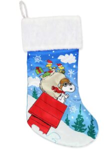 peanuts snoopy kurt adler cuffed satin holiday stocking (19", blue/white)