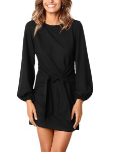 prettygarden women's elegant long lantern sleeve short dress crewneck tie waist knit cocktail dress (black,x-large)