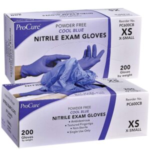 medical exam disposable nitrile gloves x-small, 400 count - powder free, rubber latex free, food safe, surgical grade, ambidextrous, textured tips, 3 mil thickness - cool blue (2 boxes of 200)