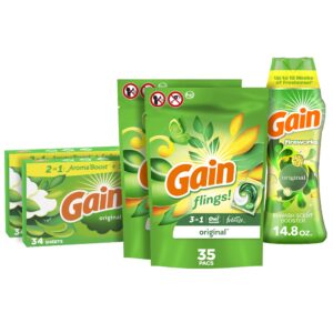 gain laundry bundle: gain flings laundry detergent pacs (2x35ct), gain dryer sheets (2x34ct), gain fireworks laundry scent booster beads (14.8 oz)