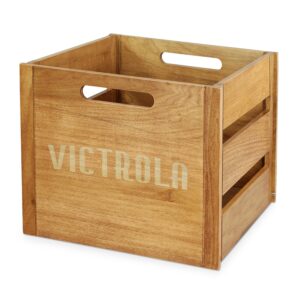 victrola wooden crate - table top album holder and organizer for all records, holds over 50 vinyls, classy wood finish, easy installation, elegant design