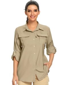 linlon women's upf long sleeve fishing shirts button up hiking safari shirts sun protection and quick dry,khaki,m