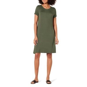 amazon essentials women's short-sleeve scoop neck swing dress (available in plus size), dark olive, small