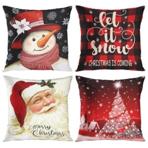 emvency set of 4 throw pillow covers christmas snowman let it snow red black buffalo plaids chair decorative pillow cases home decor square 16x16 inches pillowcases