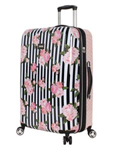 betsey johnson 26 inch checked luggage collection - expandable scratch resistant (abs + pc) hardside suitcase - designer lightweight bag with 8-rolling spinner wheels (stripe roses)