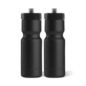 50 strong sports water bottles 2-pack – reusable 22 oz bpa-free plastic bottles with pull top cap – made in usa – top rack dishwasher safe – fits most bike cages brand - black