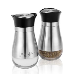 flexzion modern salt and pepper shakers set, glass canister dispenser with stainless steel sleeve and black lid for spices, sea/kosher/himalayan salts and pepper - silver (set of 2)