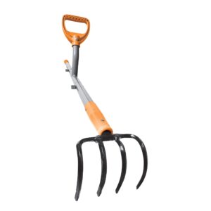 ergieshovel erg-cltv45 w/54, 5-in-1 impact resistant garden soil cultivator w/ 5-in-1 piece forged steel head, 4-tine, 54-inch shaft, w/patented ergonomic second handle, gray/orange