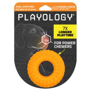 playology dual layer ring toy for medium dogs up to 50lbs | engaging all-natural cheddar cheese scented durable dog chew toy for power chewers | easy to clean, interactive & non-toxic