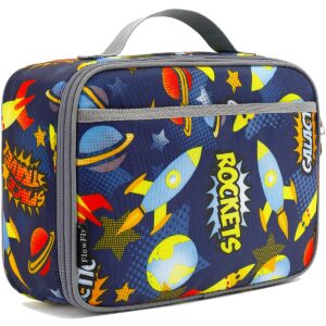 flowfly kids lunch box insulated soft bag mini cooler back to school thermal meal tote kit for girls, boys, outer space rocket ships in dark navy blue