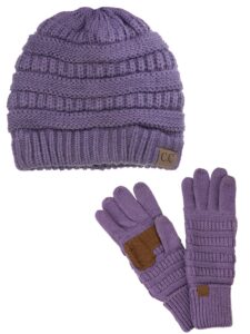 c.c unisex soft stretch cable knit beanie and anti-slip touchscreen gloves 2 pc set, violet