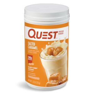 quest nutrition salted caramel protein powder, 26g protein, 1g sugar, low carb, gluten free, 1.6 pounds, 24 servings