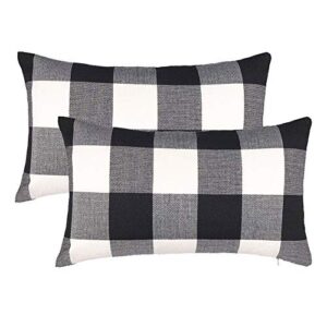 4th emotion set of 2 farmhouse buffalo check plaid throw pillow covers cushion case polyester linen for fall home decor black and white, 12 x 20 inches