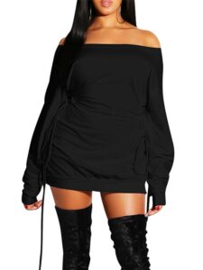 gokatosau women's sexy casual off shoulder long sleeve lace up loose club mini dress black