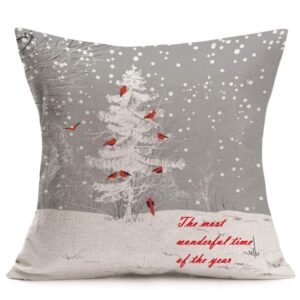 royalours pillow covers grey xmas snowflakes backdrop merry christmas lettering cotton linen winter red bird stand on the branch pillow covers christmas home decoration pillowcase 18" x 18" (grey)