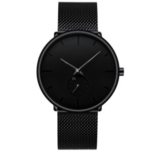 mens watches ultra-thin minimalist waterproof-fashion wrist watch for men unisex dress with stainless steel mesh band-black hands